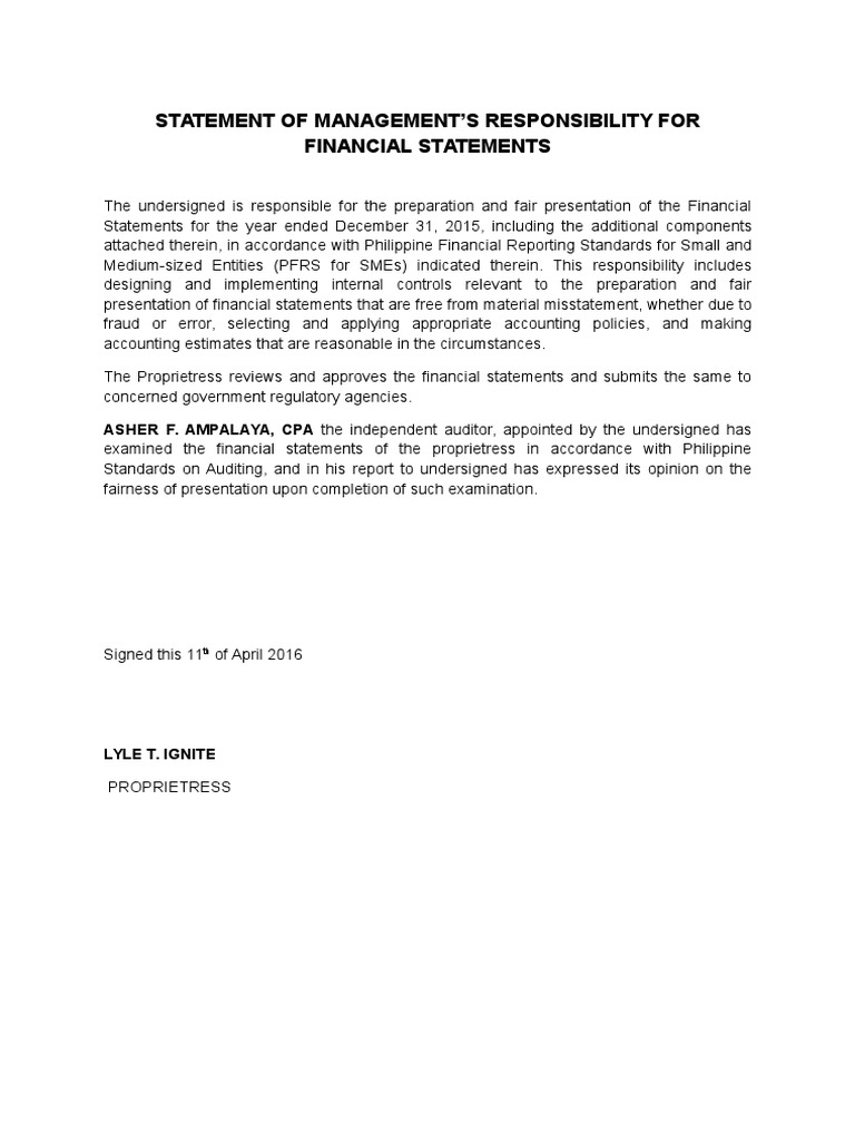 Statement of Managements Responsibility For Financial Statements | PDF