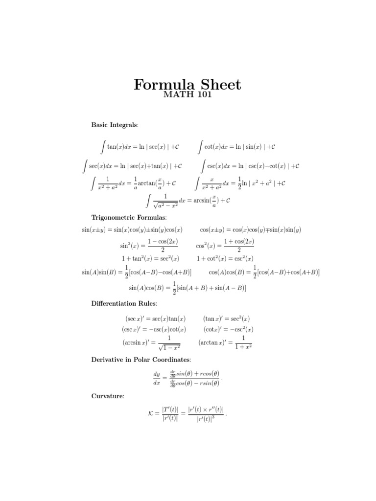 Formula Sheet: MATH 101 | PDF