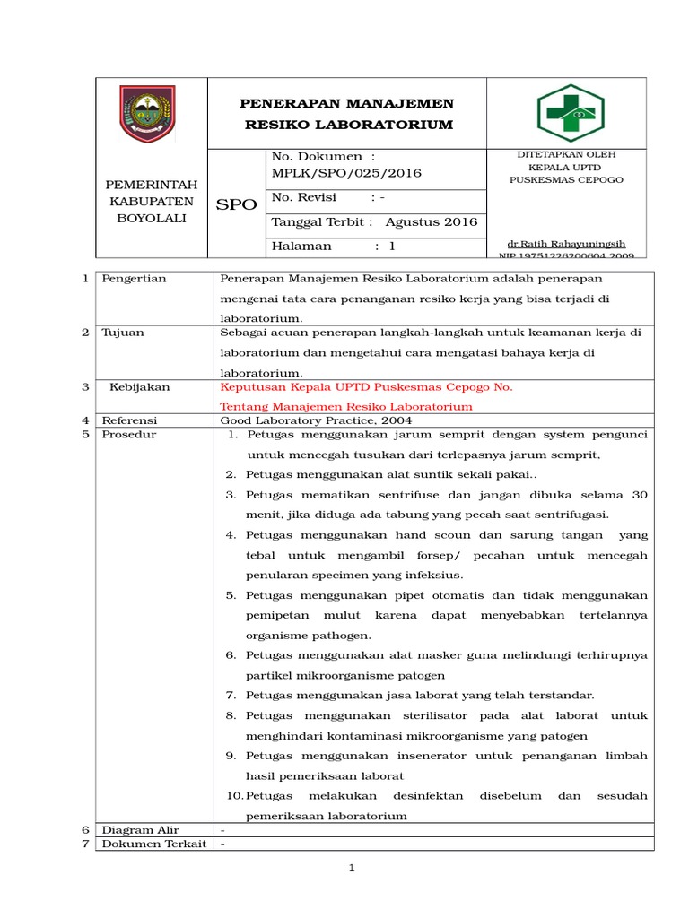 25.sop - Penerapan Manajemen Resiko Laboratorium | PDF | Sains & Matematika