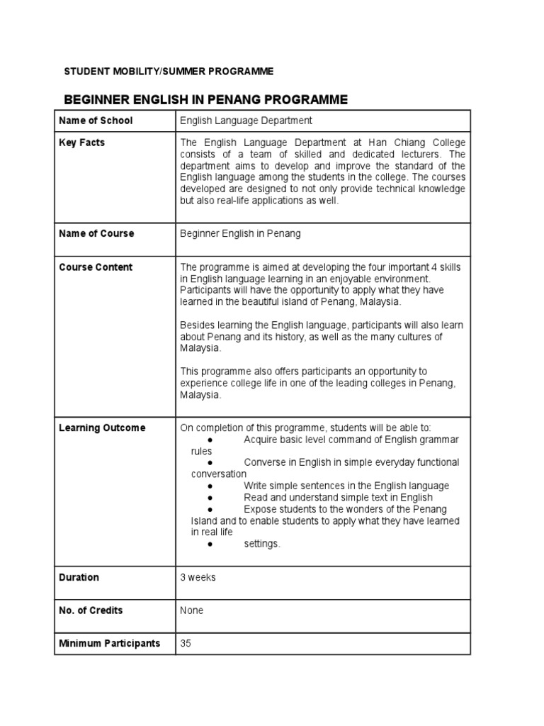 Mobility Prog - Beginner English in Penang | PDF | English Language ...