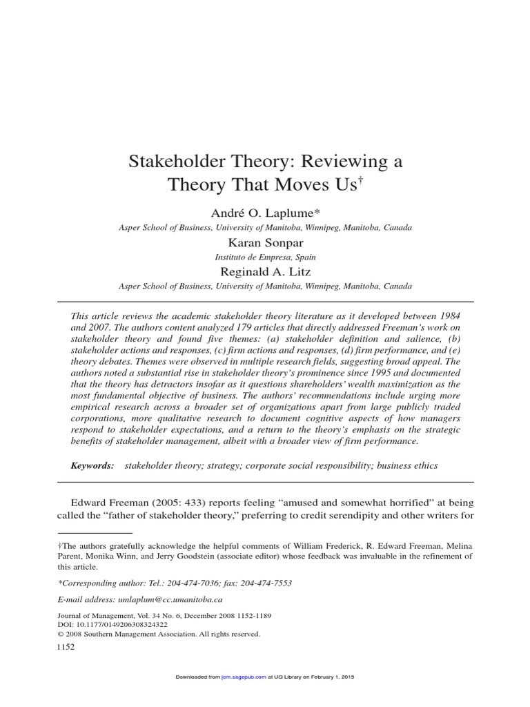 Stakeholder Theory - Reviewing A Theory That Moves Us | PDF ...