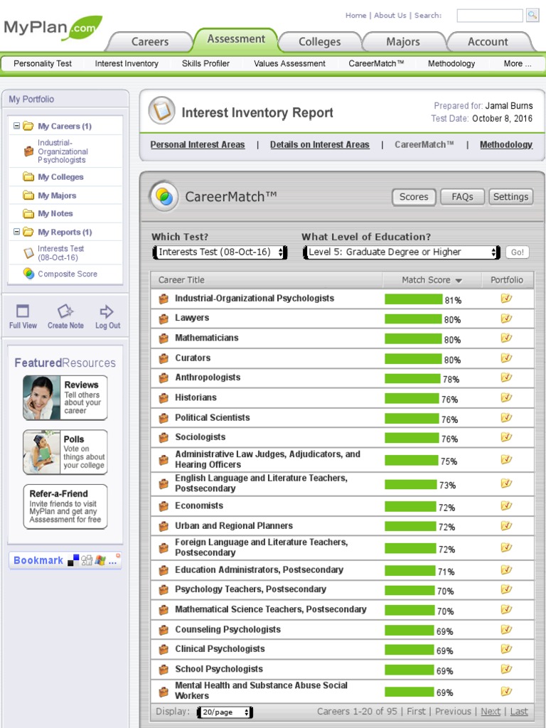 Myplan Assessment Interest Inventory Report Career Match | PDF