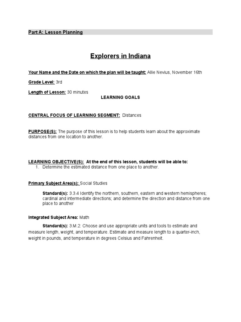 Explorers in Indiana: Part A: Lesson Planning | PDF | Individualized ...