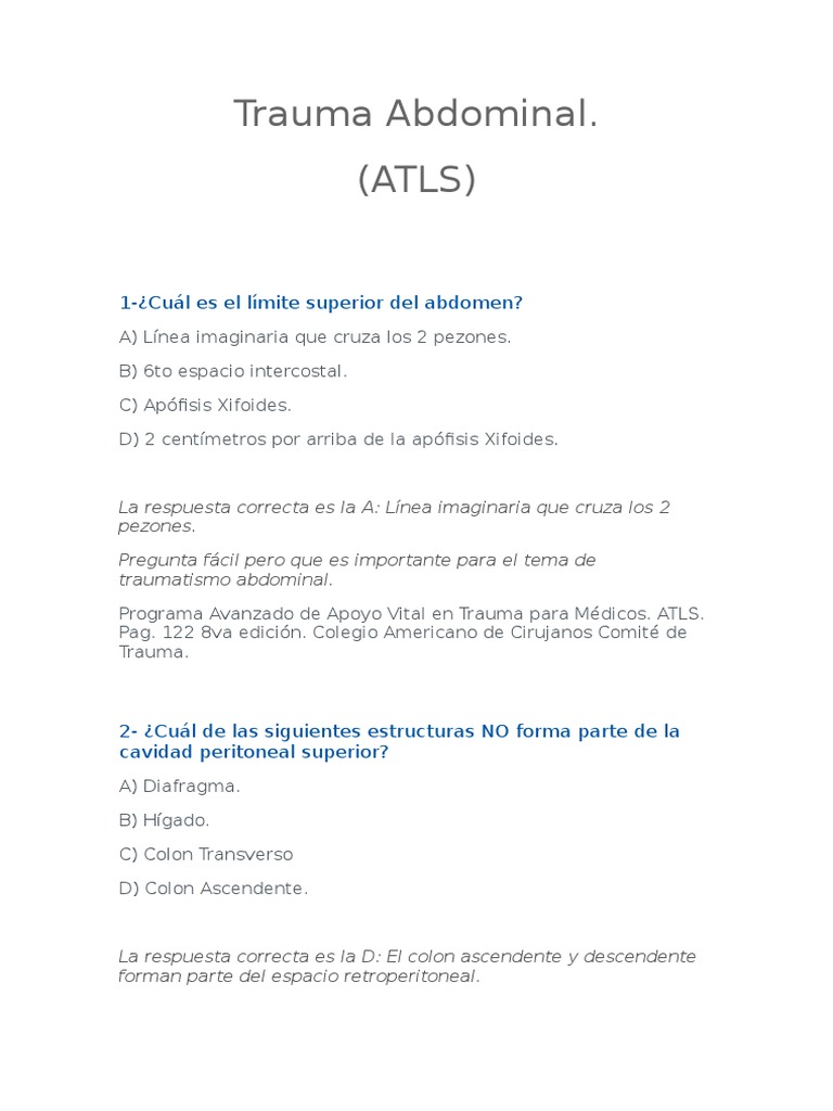 CX Trauma Abdominal Atls Exam Preguntas | PDF | Lesión | Abdomen