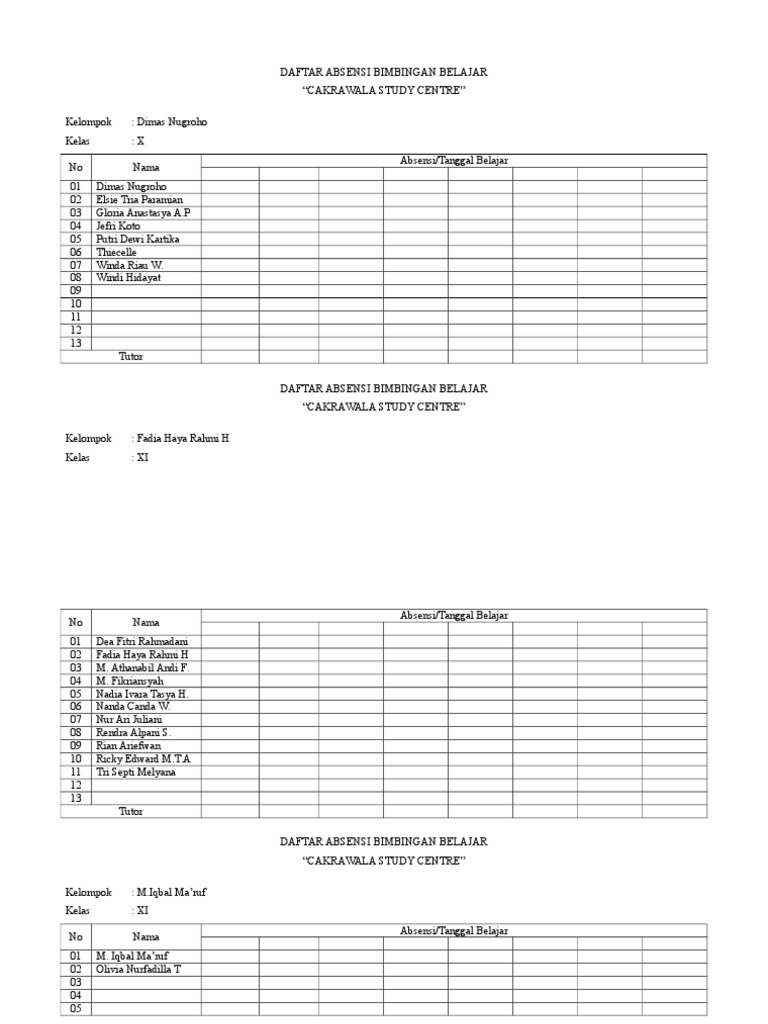 Daftar Absensi Cakrawala Study | PDF