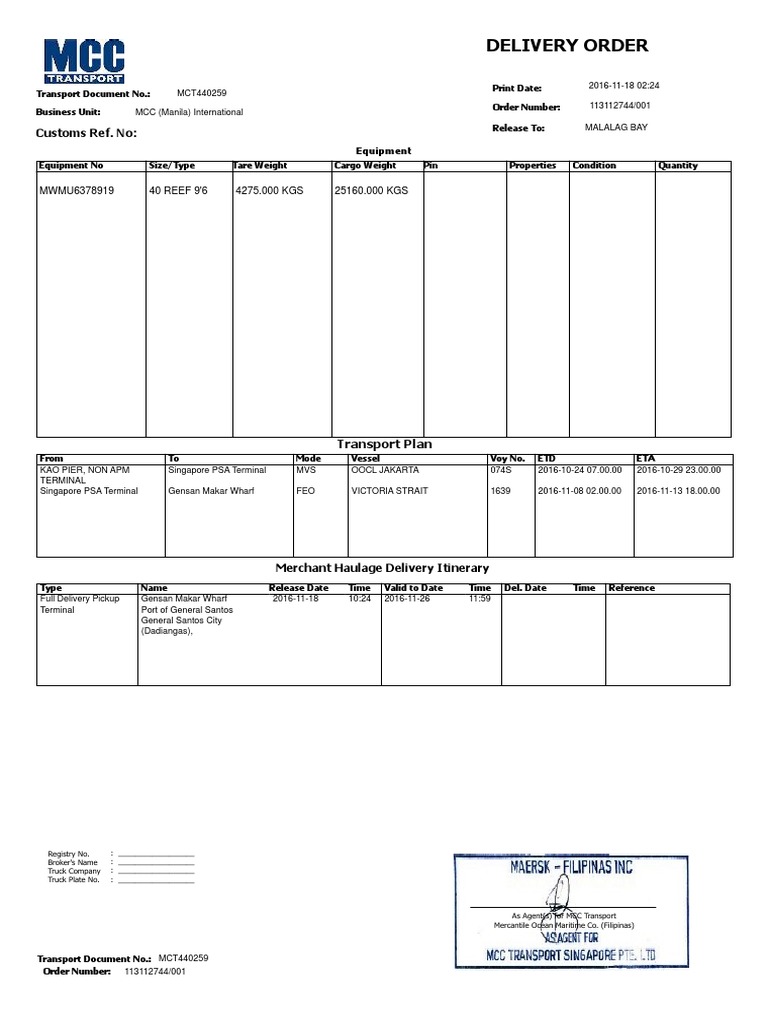 Delivery Order From MCC Transport PDF | PDF