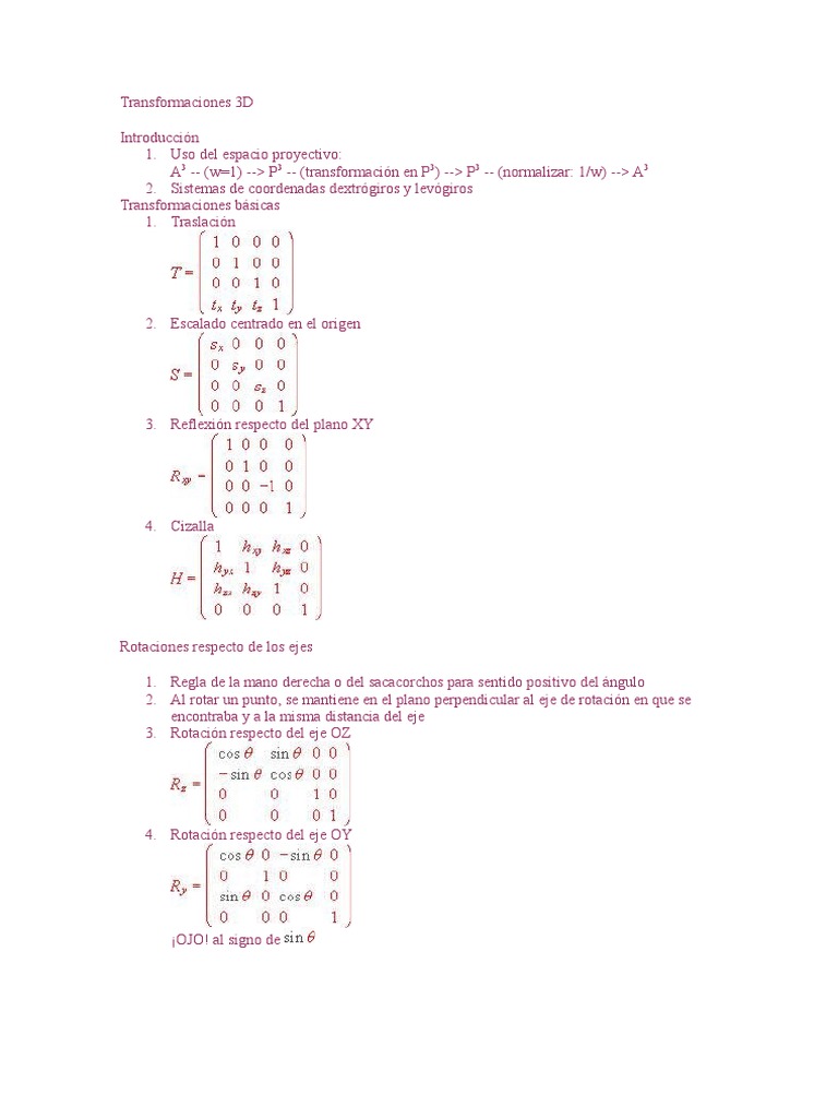Transformaciones 3D | PDF | Rotación | Sistema coordinado