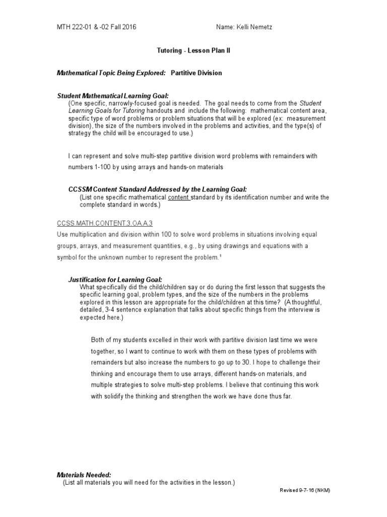 Tutoring-Lesson Plan II Template Fall 2016 Revised 9-7-16 | PDF ...