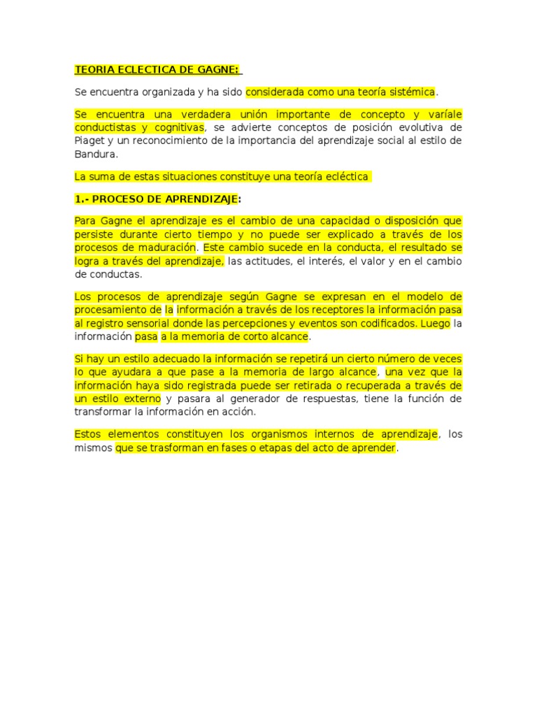 Teoria Eclectica de Gagne y Procesos de Informacion | PDF