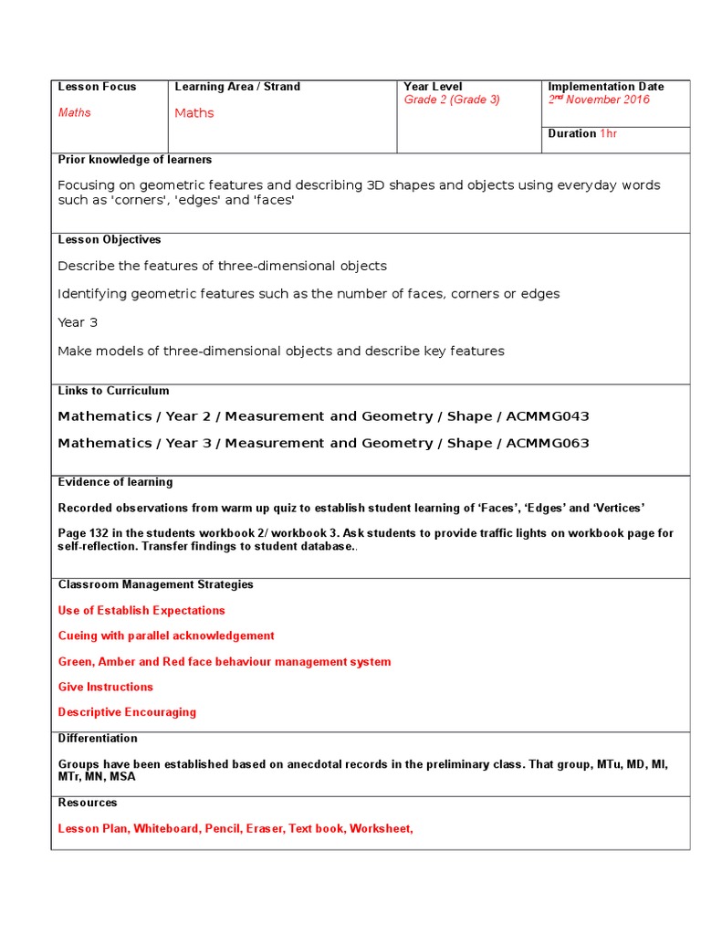 Maths 3d Shapes - Lesson Plan | PDF | Classroom | Shape