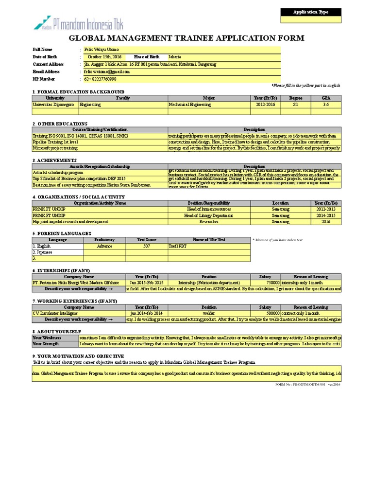 Global Management Trainee Application Form: 1. Formal Education ...