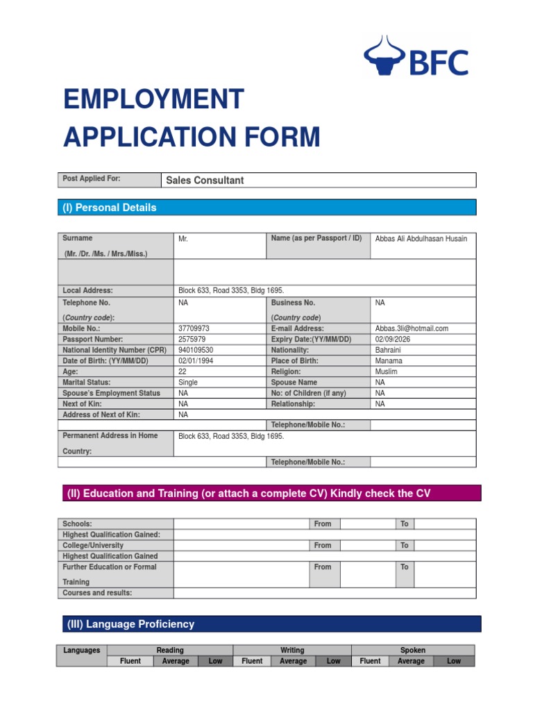 BFC Employment Application Form Bahrain.docx2 15 2 | Human Resource ...