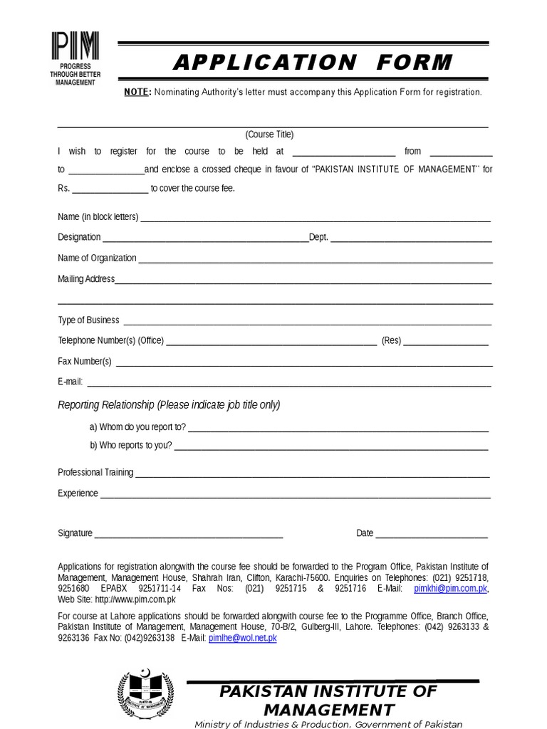 Application Form: Pakistan Institute of Management | PDF
