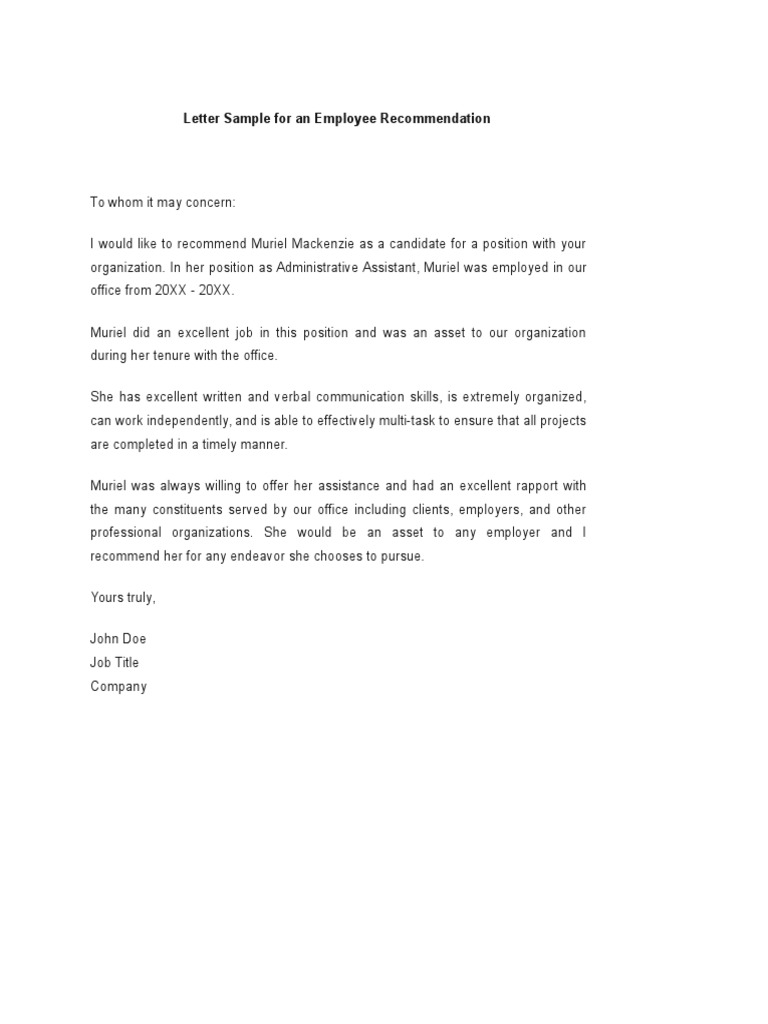 Letter Sample For An Employee Recommendation Template | PDF
