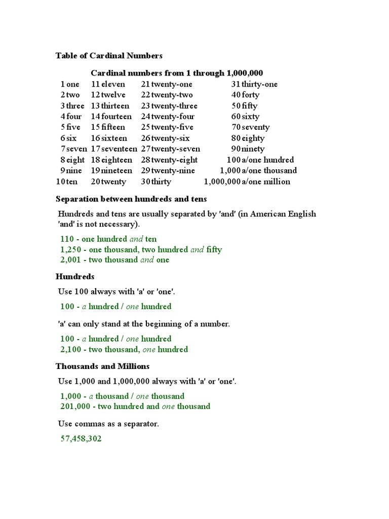 Table of Cardinal Numbers Cardinal Numbers From 1 Through 1,000,000 | PDF