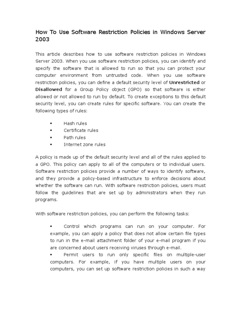 How To Use Software Restriction Policies in Windows Server 2003 | PDF ...