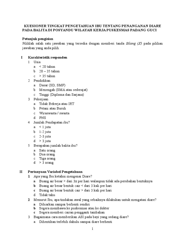 Kuesioner Tingkat Pengetahuan Ibu Tentang Penanganan Diare Pada Balita Di Posyandu Wilayah Kerja ...