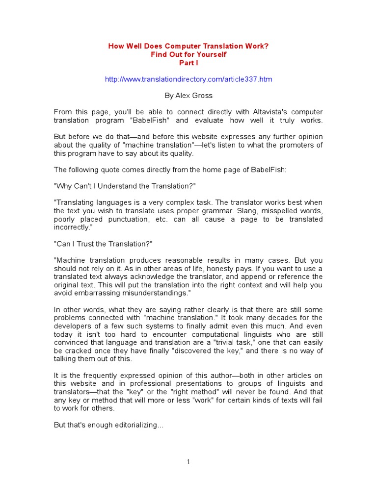 An Evaluation of Computer Translation: A Side by Side Comparison of ...