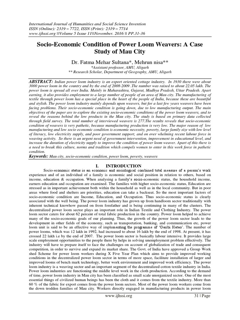 Socio-Economic Condition of Power Loom Weavers: A Case Study of Mau City | PDF | Weaving | Loom