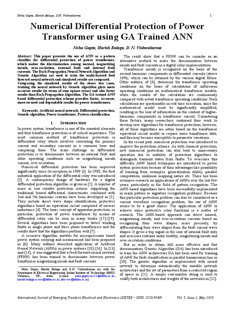 Numerical Differential Protection of Power Transformer Using GA Trained ANN | PDF | Artificial ...