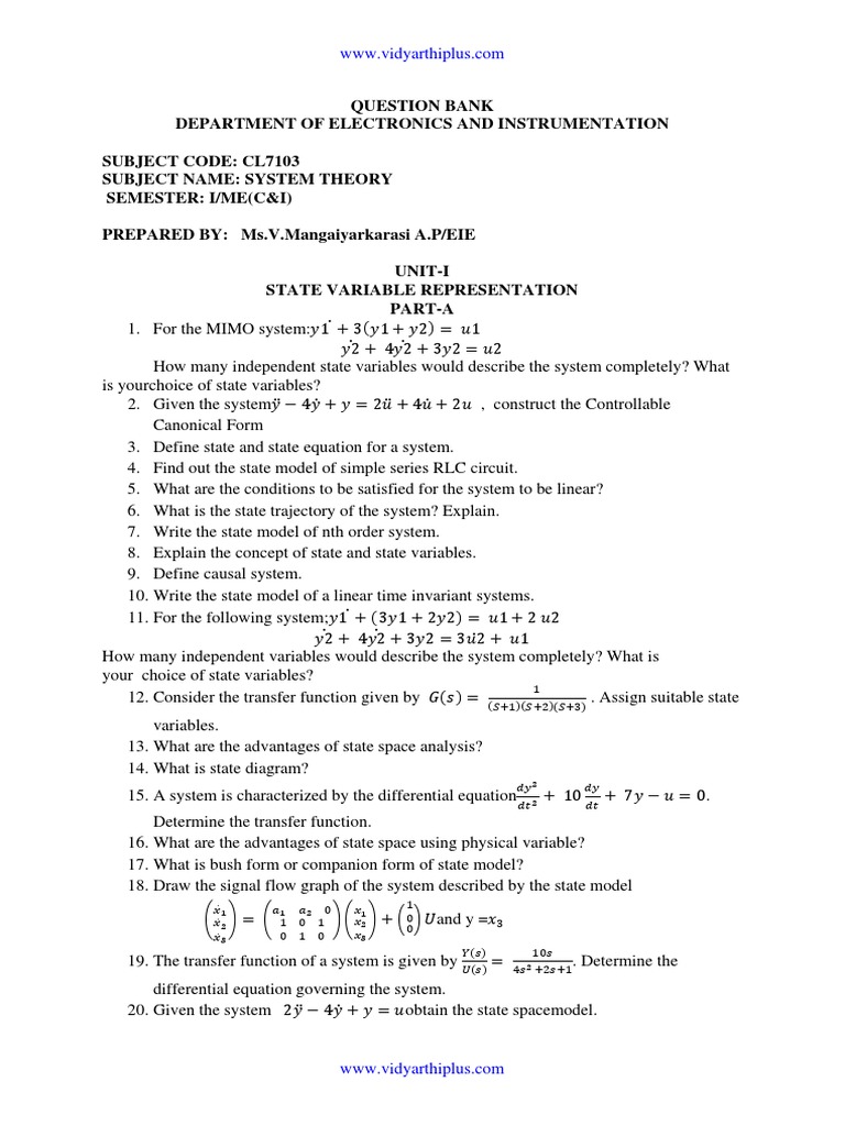 State Variable Representation Of Linear Time Invariant Systems Controllability Observability