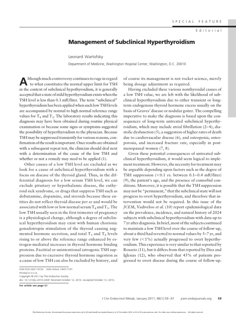 Management of Subclinical Hyperthyroidism: Special Feature Editorial | PDF | Hyperthyroidism ...