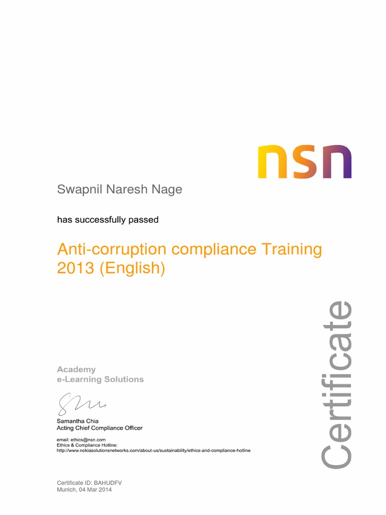 Anti-Corruption Compliance Training 2013 (English) : Swapnil Naresh Nage | PDF