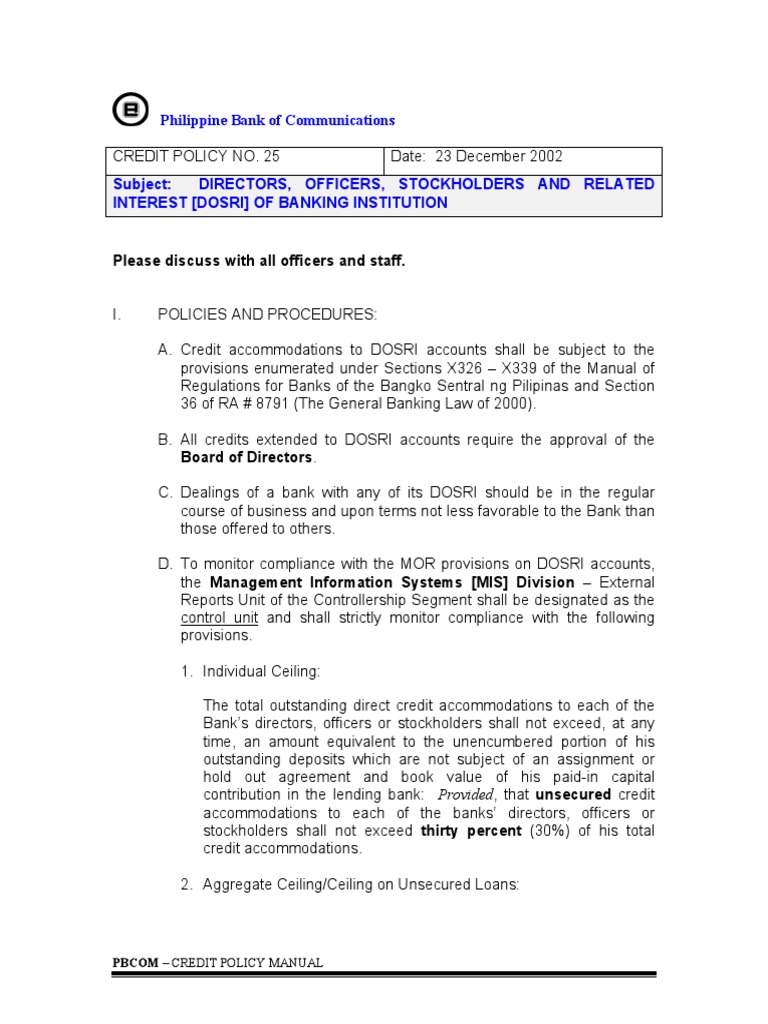 Credit Policy 25 DOSRI of Banking Institution | PDF