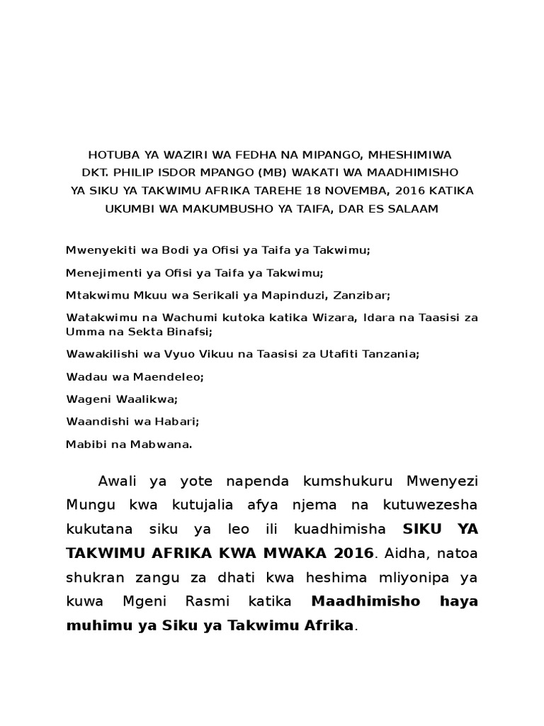 Hotuba Ya Mgeni Rasmi iliyosomwa na Dkt.Kigwangala