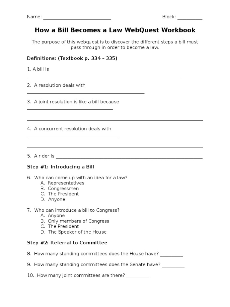 How A Bill Becomes A Law Webquest | PDF | Veto | Bill (Law)
