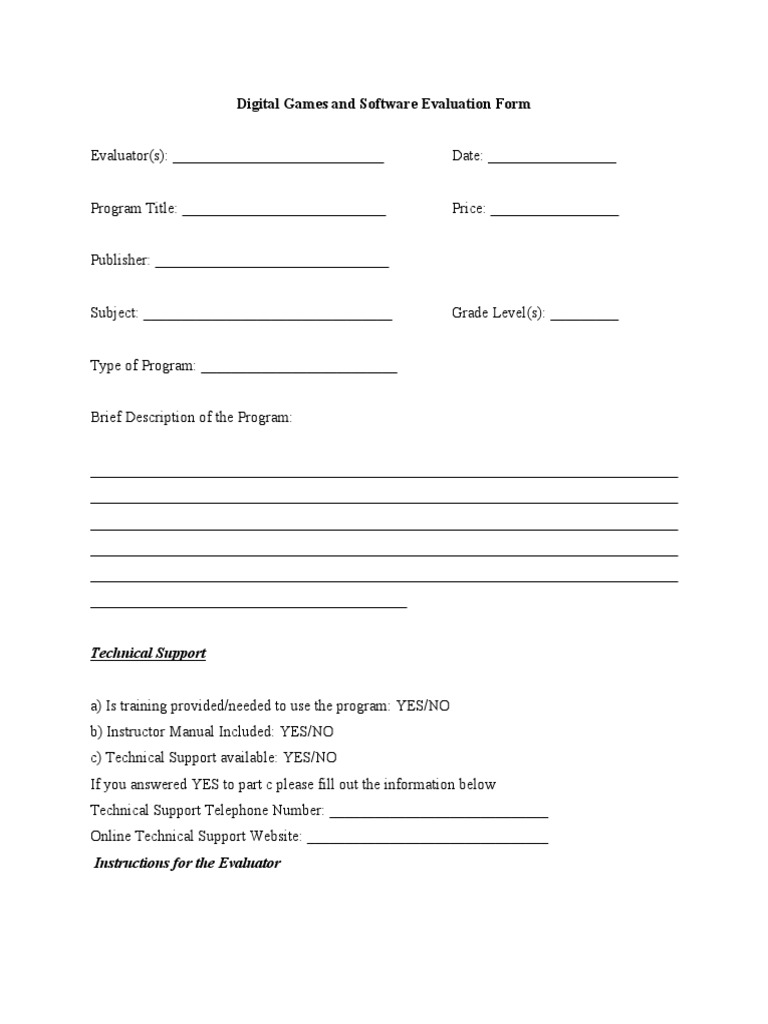 Digital Games and Software Evaluation Form: Technical Support | PDF