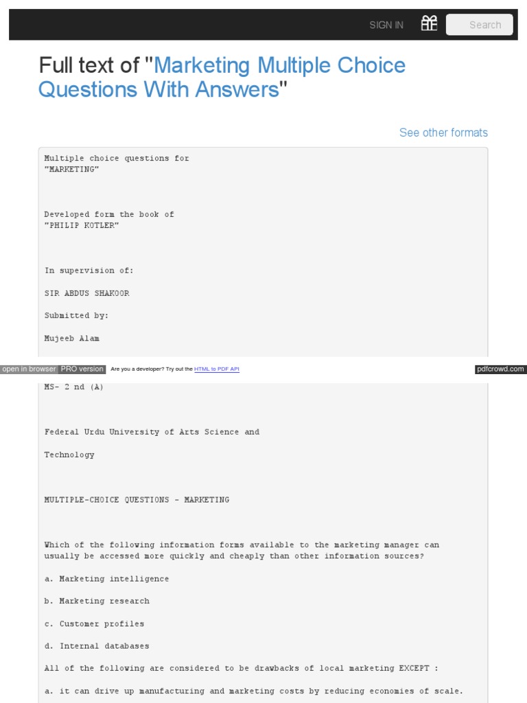 Marketing Multiple Choice Questions With Answer | PDF | Sales | Marketing