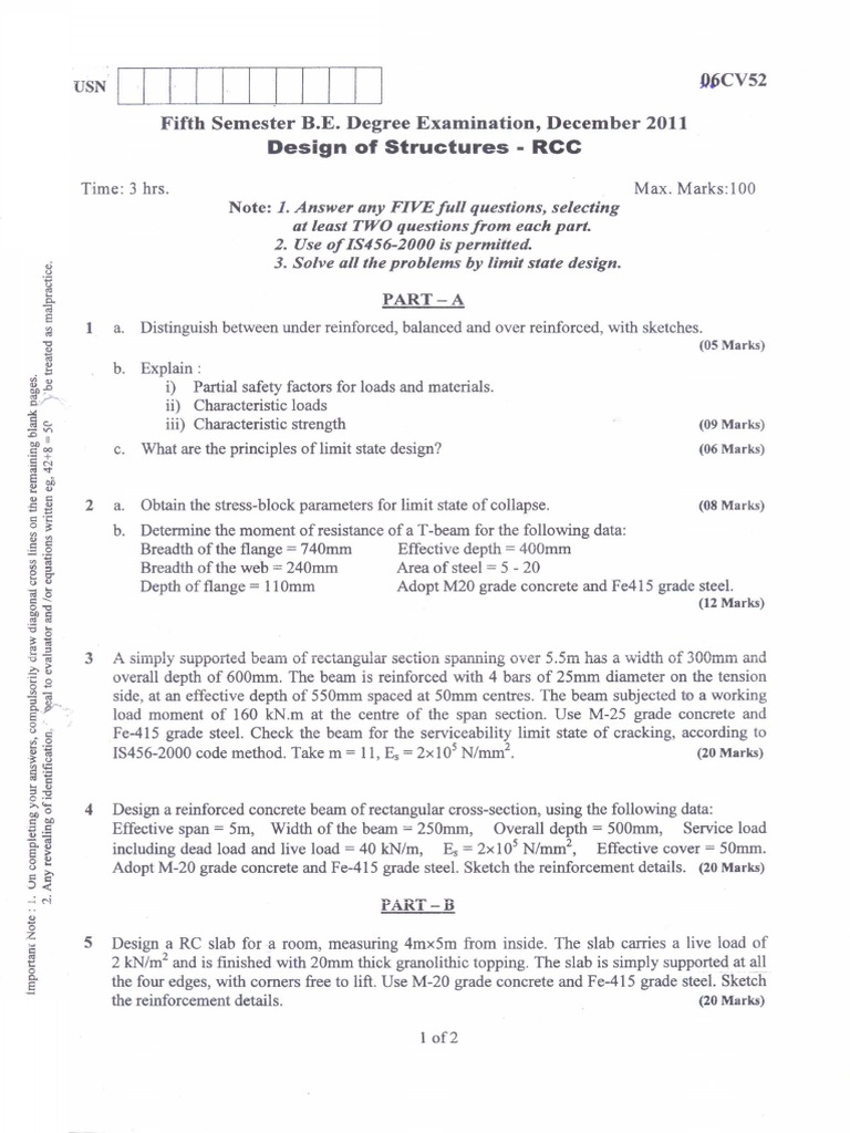 USN: Design of RCC Structures Exam Questions | PDF