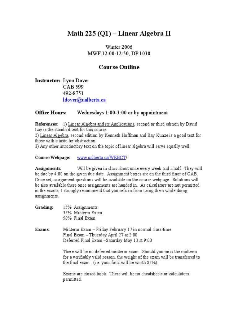 Math 225 (Q1) - Linear Algebra II: Course Outline | PDF | Linear ...