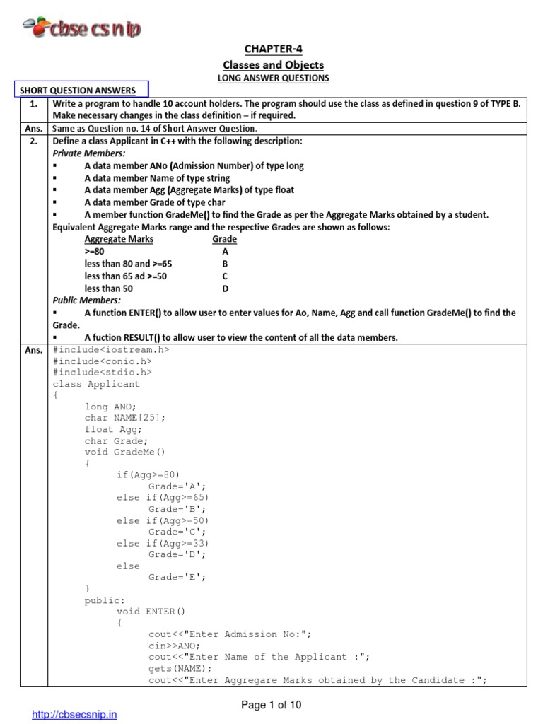 Sumita Arora Classes And Objects Long Answer Questions Pdf Subroutine C