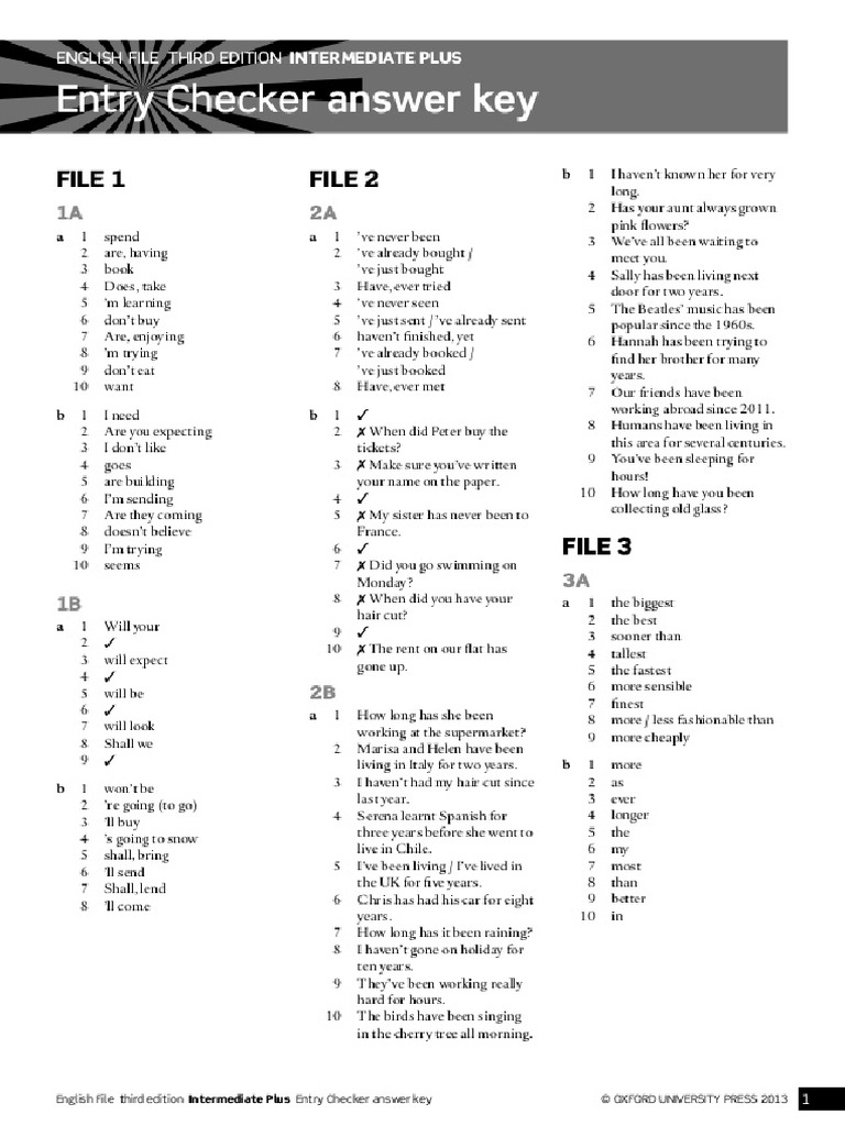 English File Intermediate + Entry Checker Key | PDF