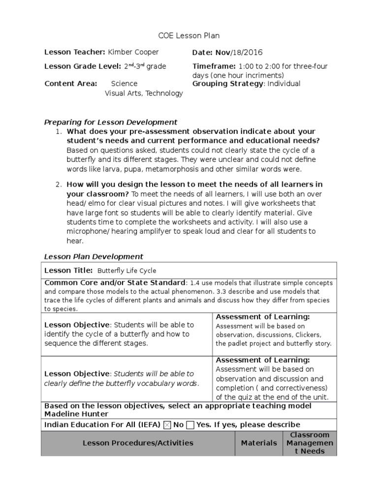 Butterfly Life Cycle Lesson Plan | PDF | Butterfly | Lesson Plan