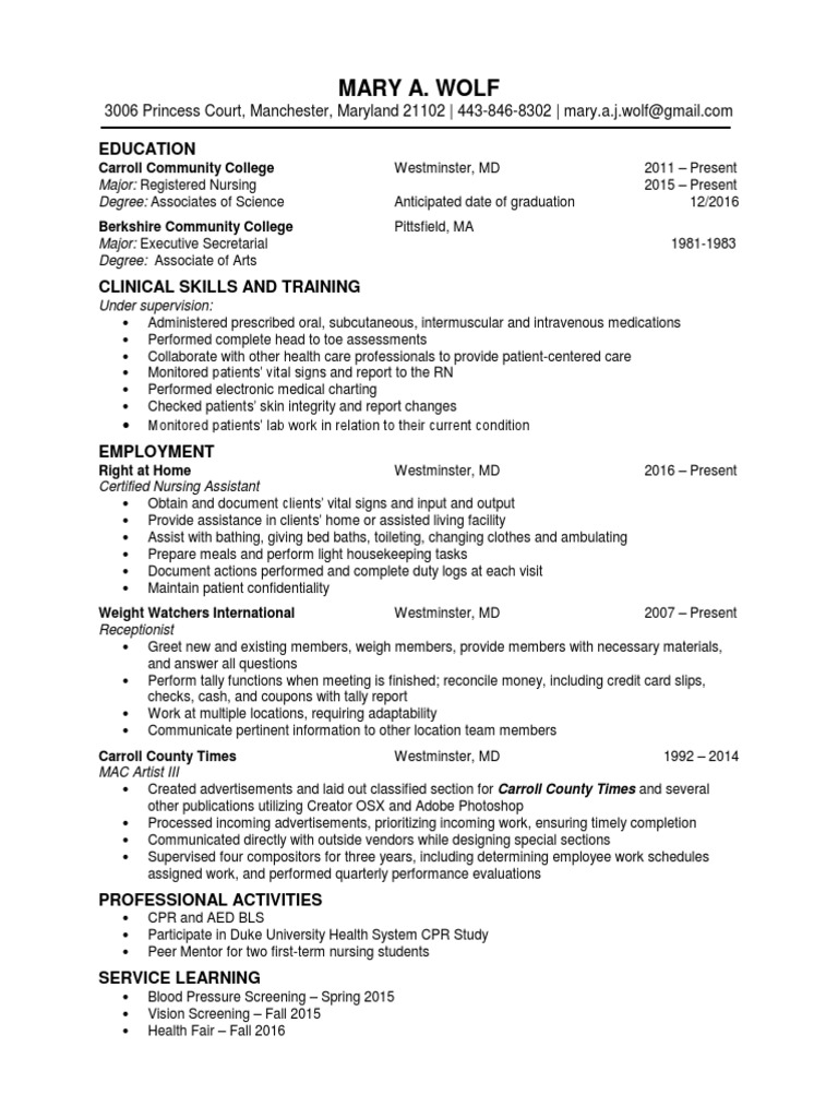 RN Resume Mary Wolf 2016 | PDF | Self-Improvement