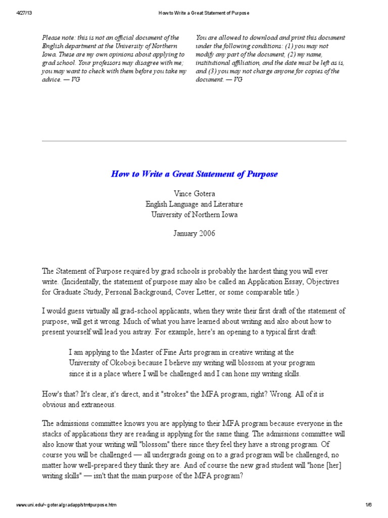 How To Write A Great Statement of Purpose | PDF | Graduate School ...