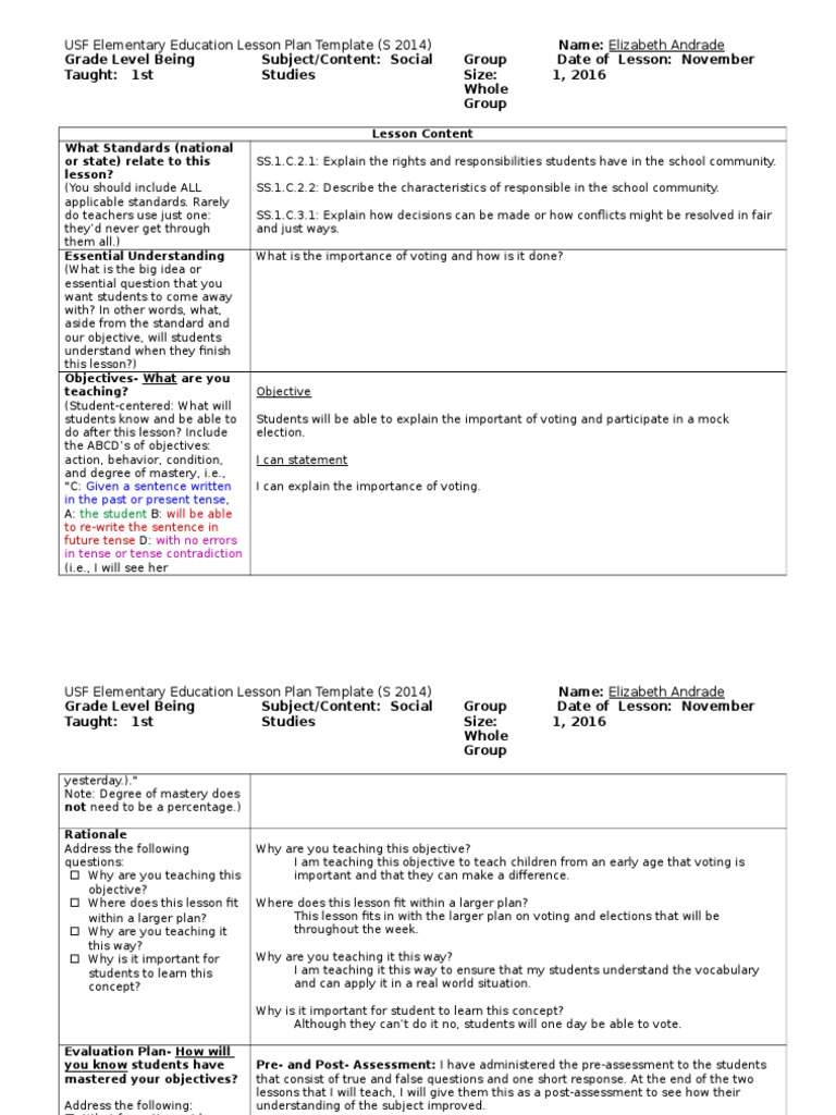 USF Elementary Education Lesson Plan Template (S 2014) | PDF ...