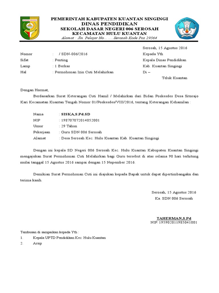 SURAT Permohonan Izin Cuti Melahirkan | PDF