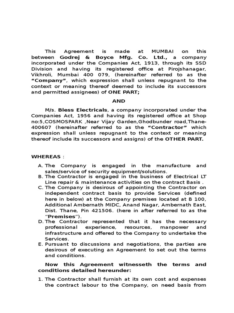 Agreement - Electrical | PDF | Independent Contractor | Employment