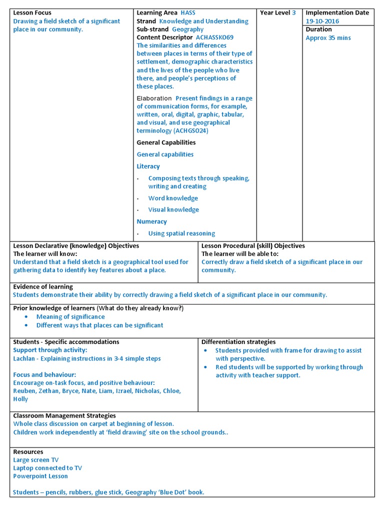 Lesson Plan Field Sketch | PDF | Knowledge | Classroom