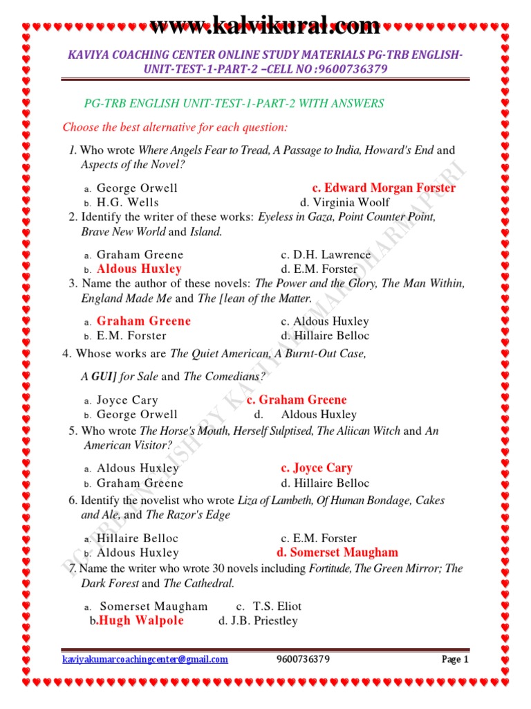 Important Study Materials PG TRB English Patr 2 Unit Test 1 Watermark ...