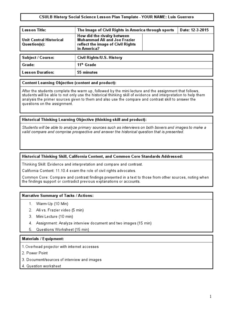 Csulb Hss Lesson Plan Template-6 1 | PDF | Lesson Plan | Homework