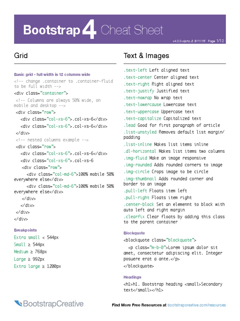 Bootstrap 4 Cheat Sheet BC PDF | PDF | Computing | Software