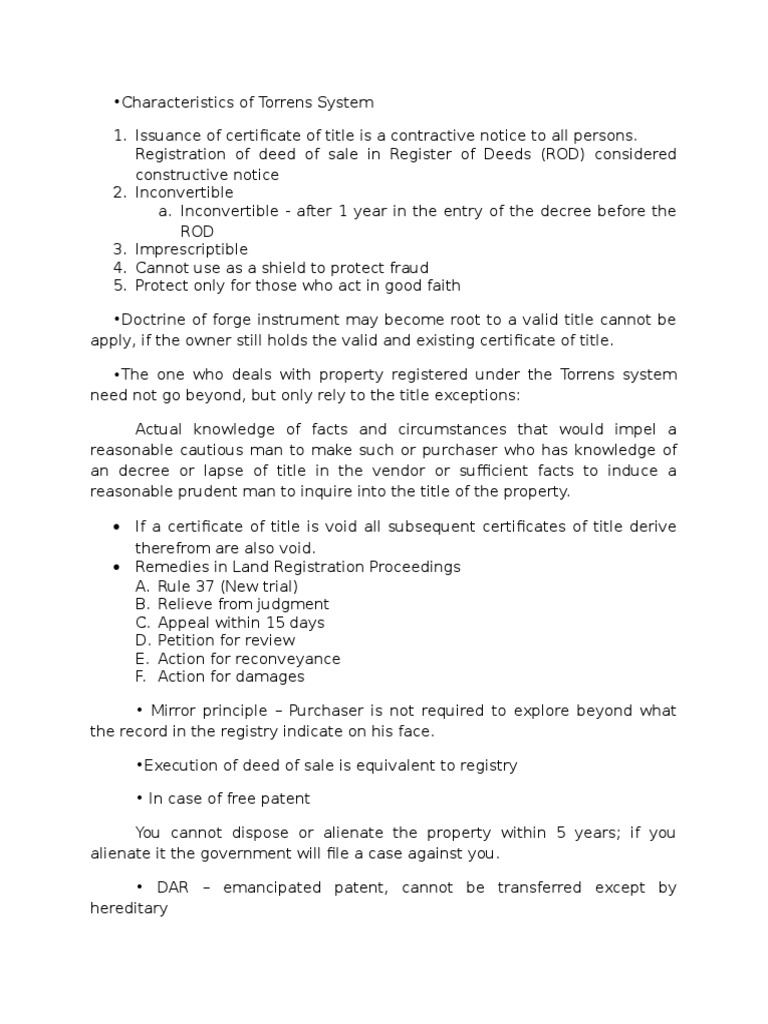 Characteristics of the Torrens Land Registration System | PDF | Deed ...