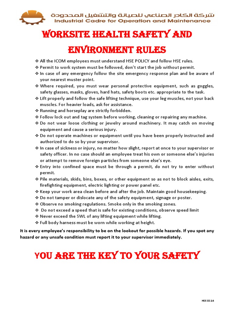 Worksite Health Safety and Environment Rules: You Are The Key To Your ...