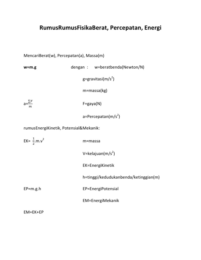 Rumus Rumus Fisika Berat, Energi, Percepatan / Formulas Physics ...