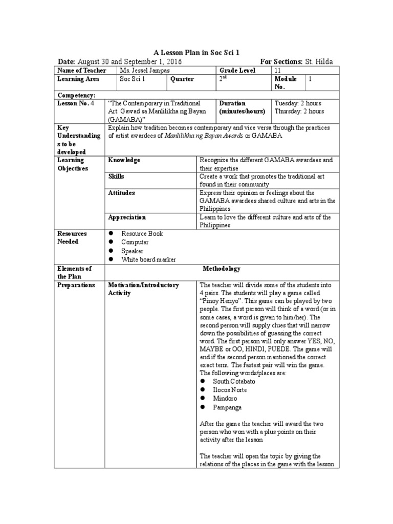 Iplan No. 1 Soc Sci 1 | PDF | Educational Assessment | Lesson Plan